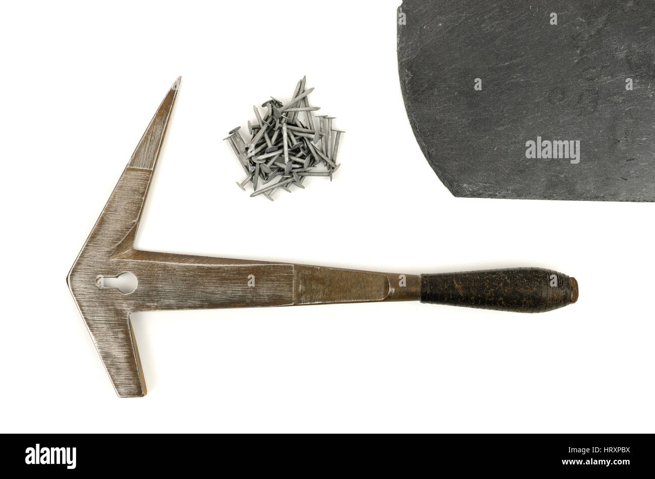 Tools for slater slate hammer on white background Stock Photo - Alamy