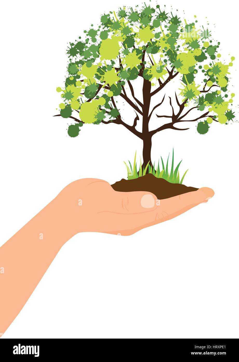 colorful silhouette with leafy tree over hand vector illustration Stock ...