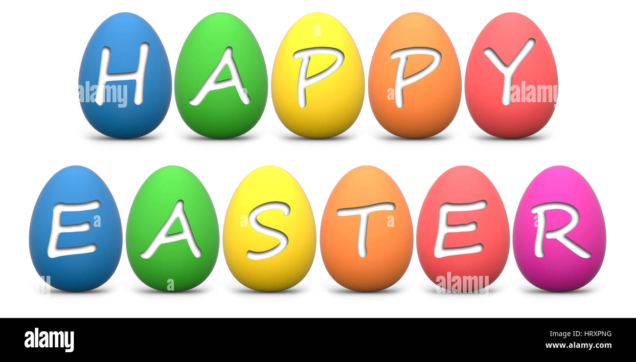 Rainbow colored easter eggs with Happy Easter text isolated on white 3D ...