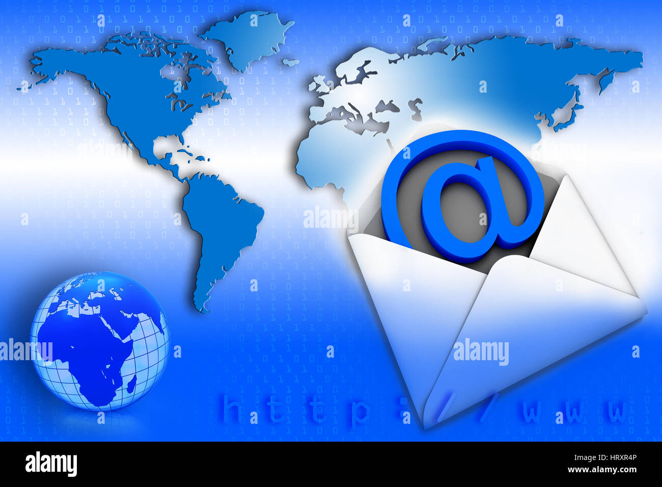 Global mail communication on blue world map Stock Photo - Alamy