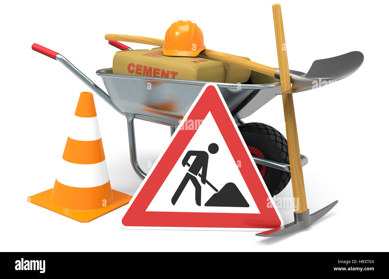 Wheelbarrow with cement, shovel, traffic sign, traffic cone and safety ...