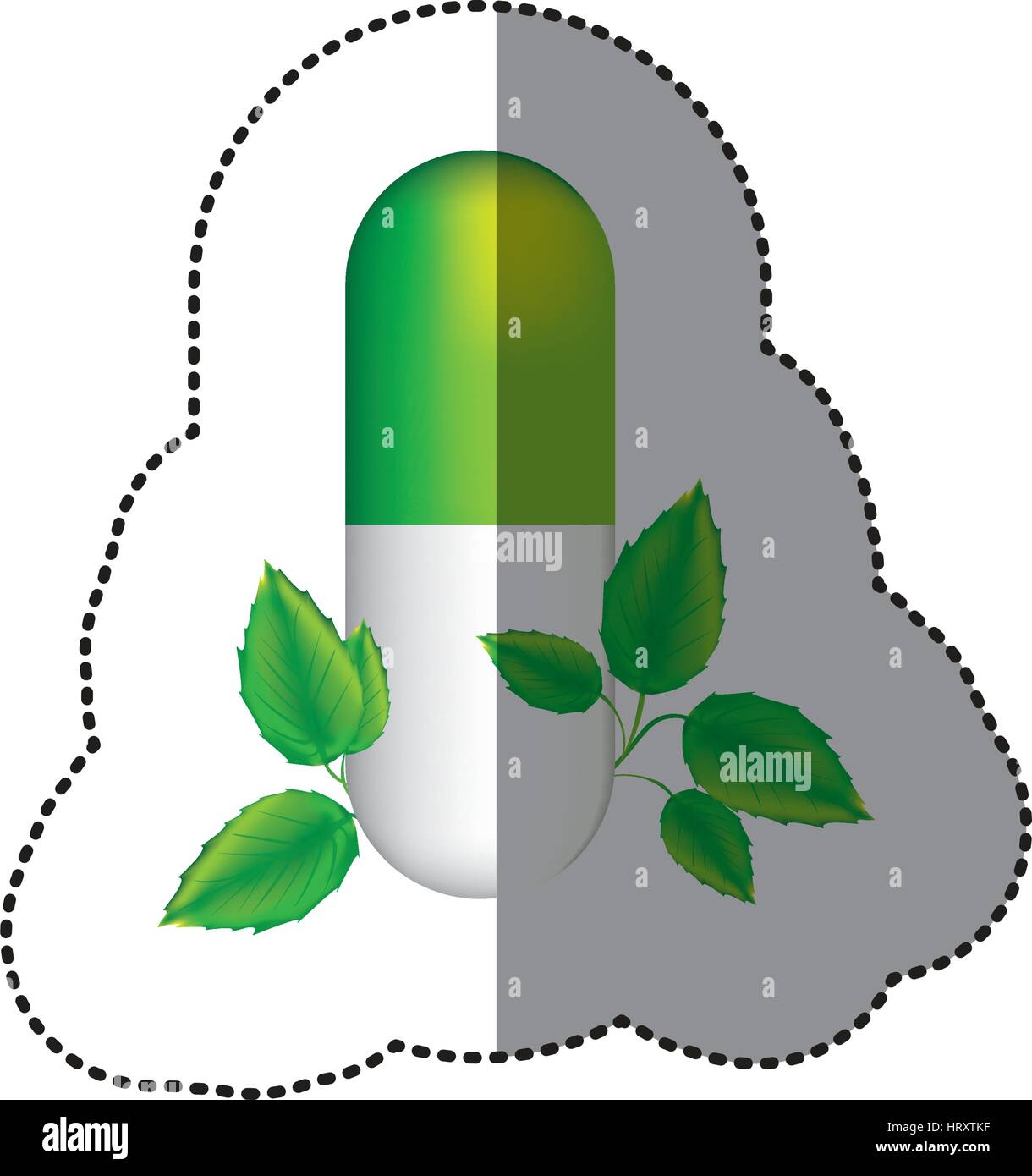 sticker green pill medical in capsule shape with decorative leaves ...