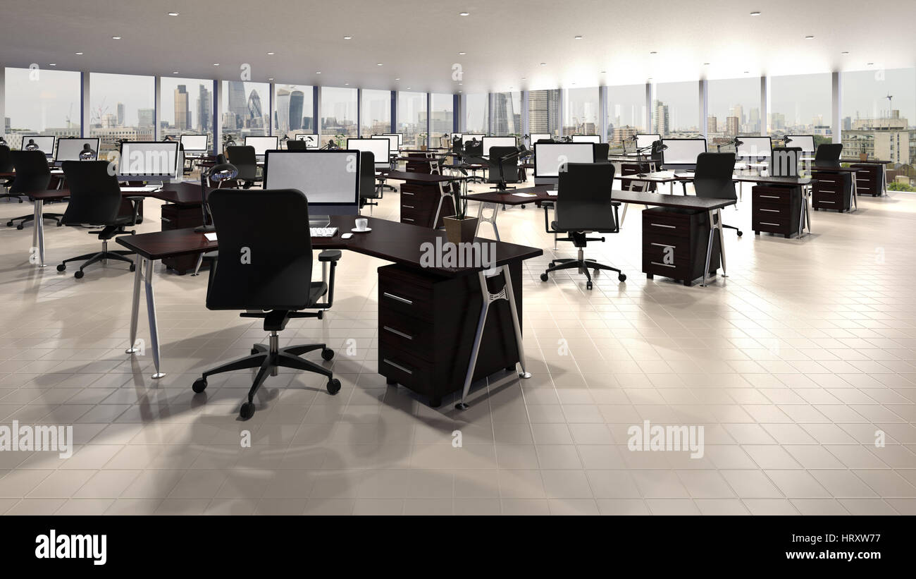 Open space office with windows and city view 3D rendering Stock Photo ...
