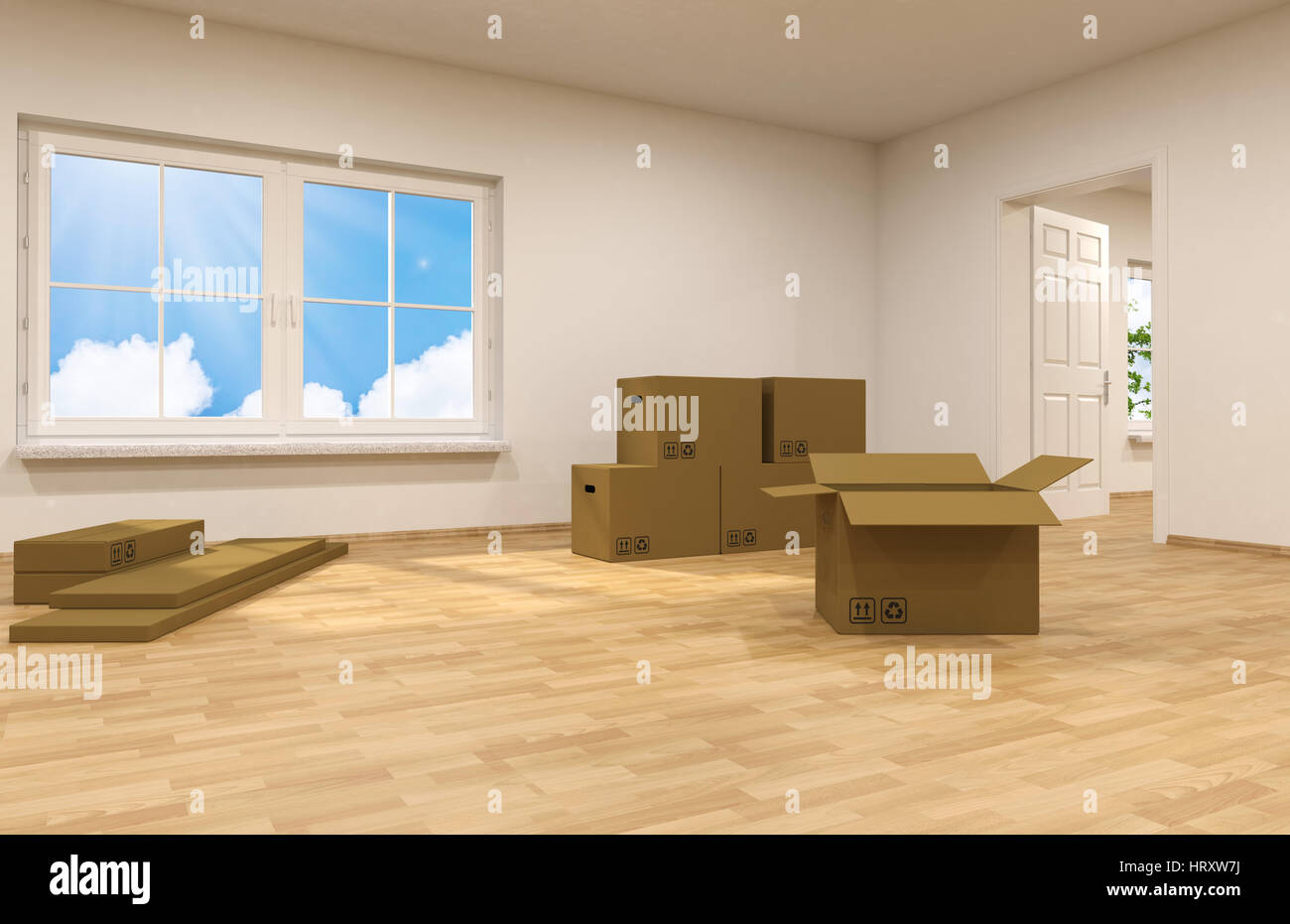 Moving to a new apartment. Empty room with cardboard boxes 3D rendering ...