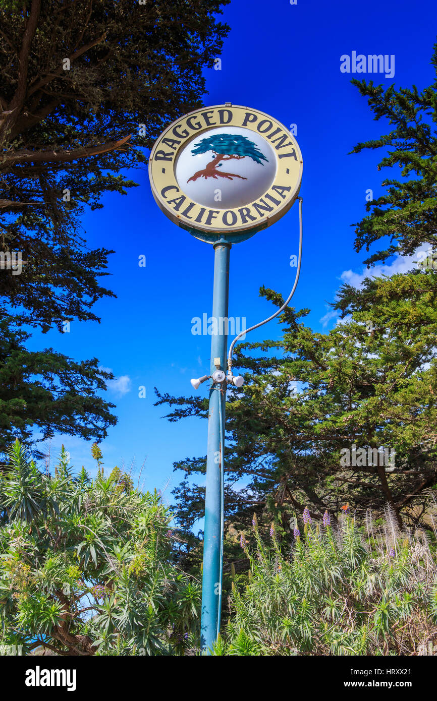 Ragged point Inn and resort sign on coastal road highway one in central ...
