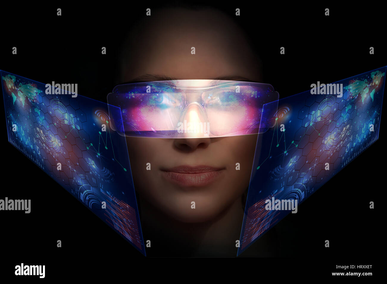 Close-up portrait of young and beautiful woman with the virtual ...