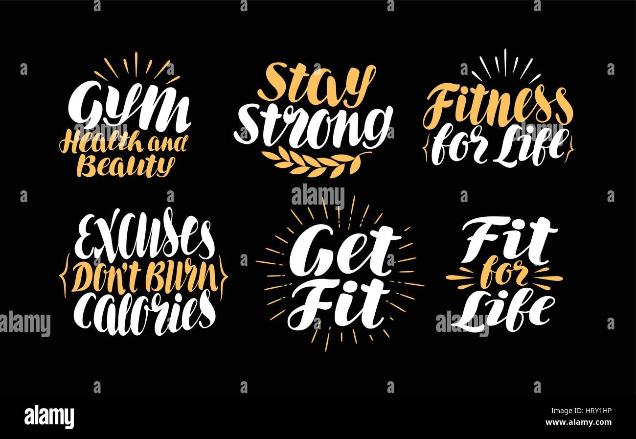 Fitness or Gym, label. Sports icons set, symbol. Lettering, calligraphy ...