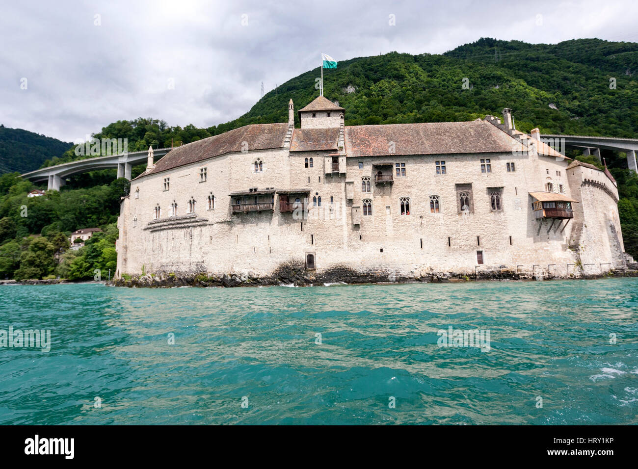 Chillon Castle on Lake Geneva (Lac Léman) from the Steam boat , Veytaux ...
