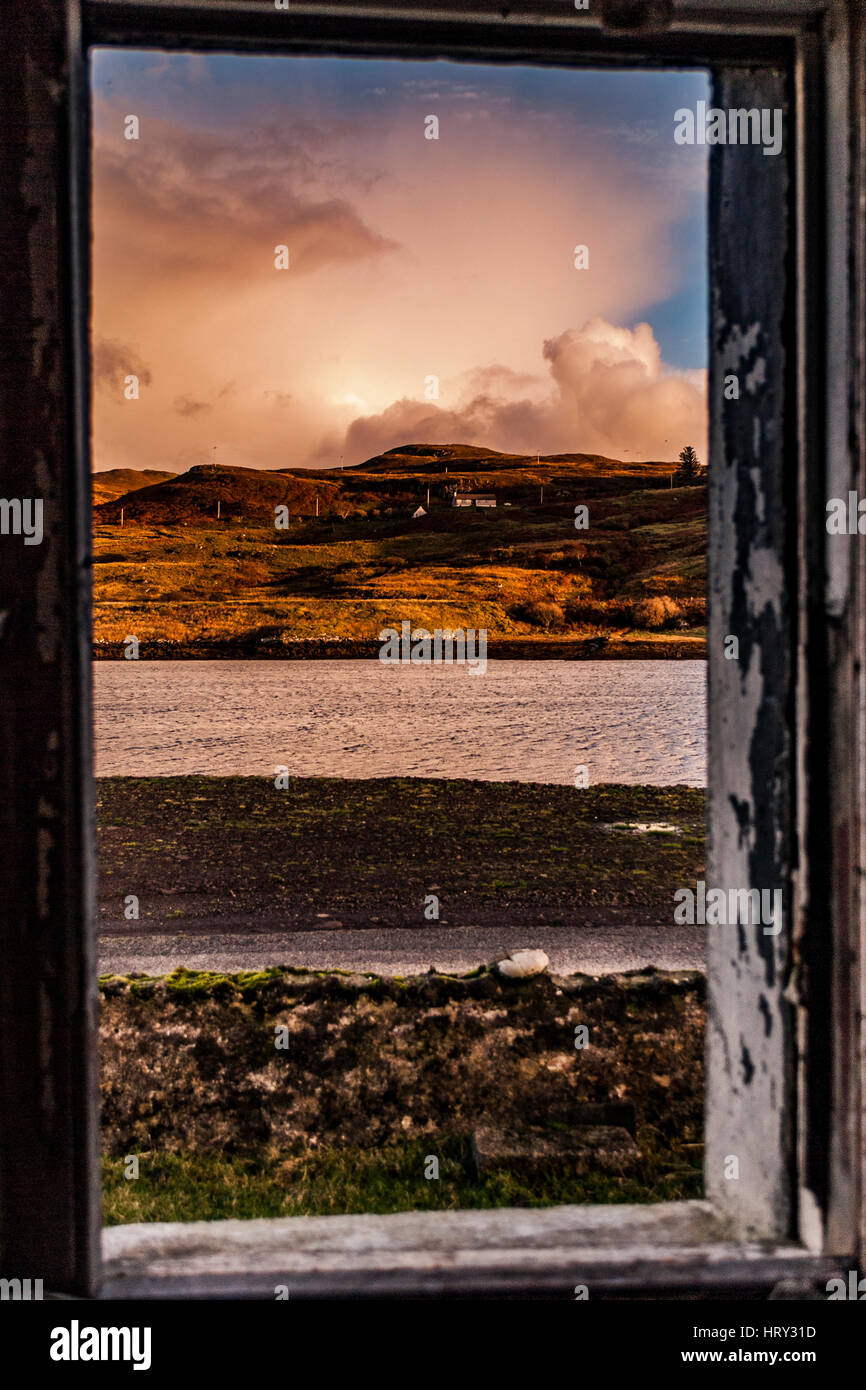 View through window of abandoned farmhouse ruins by Struan Jetty, Isle ...