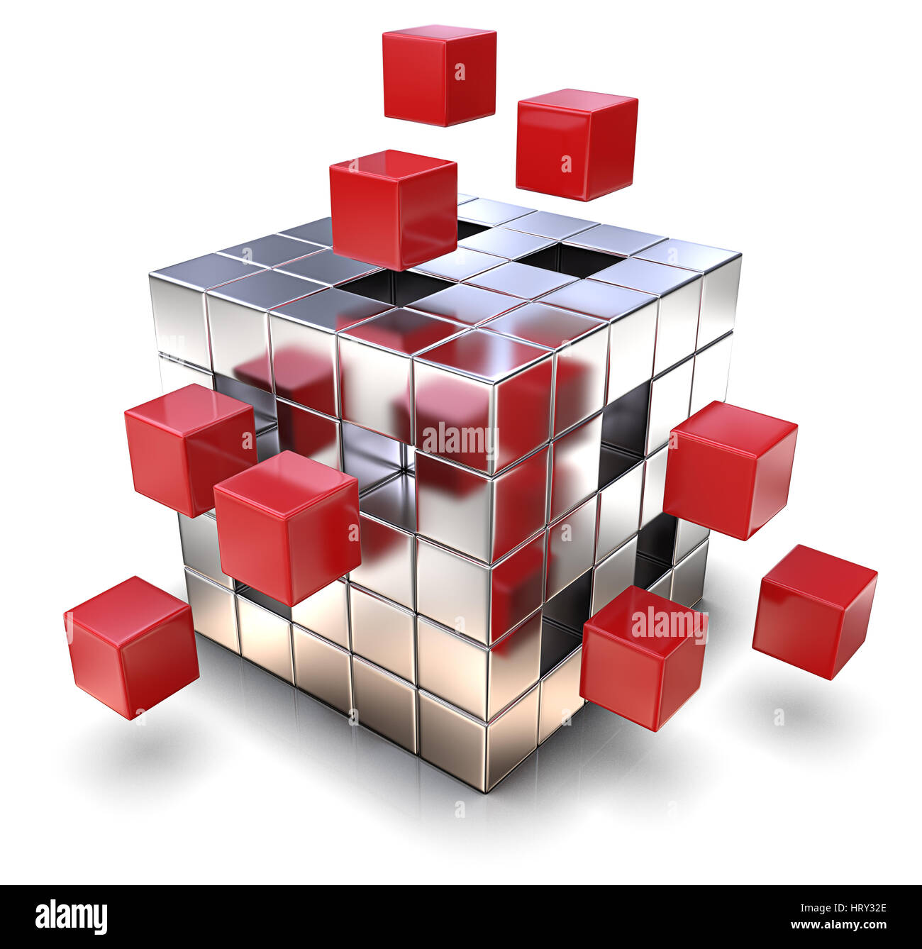 Metal Cube with some loose Red Cubes. 3D render Stock Photo - Alamy