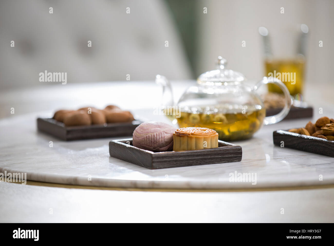 Snacks and tea on table Stock Photo - Alamy