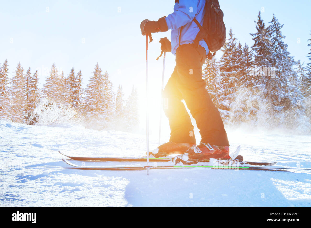 skiing downhill, skier in winter forest mountains, background Stock ...