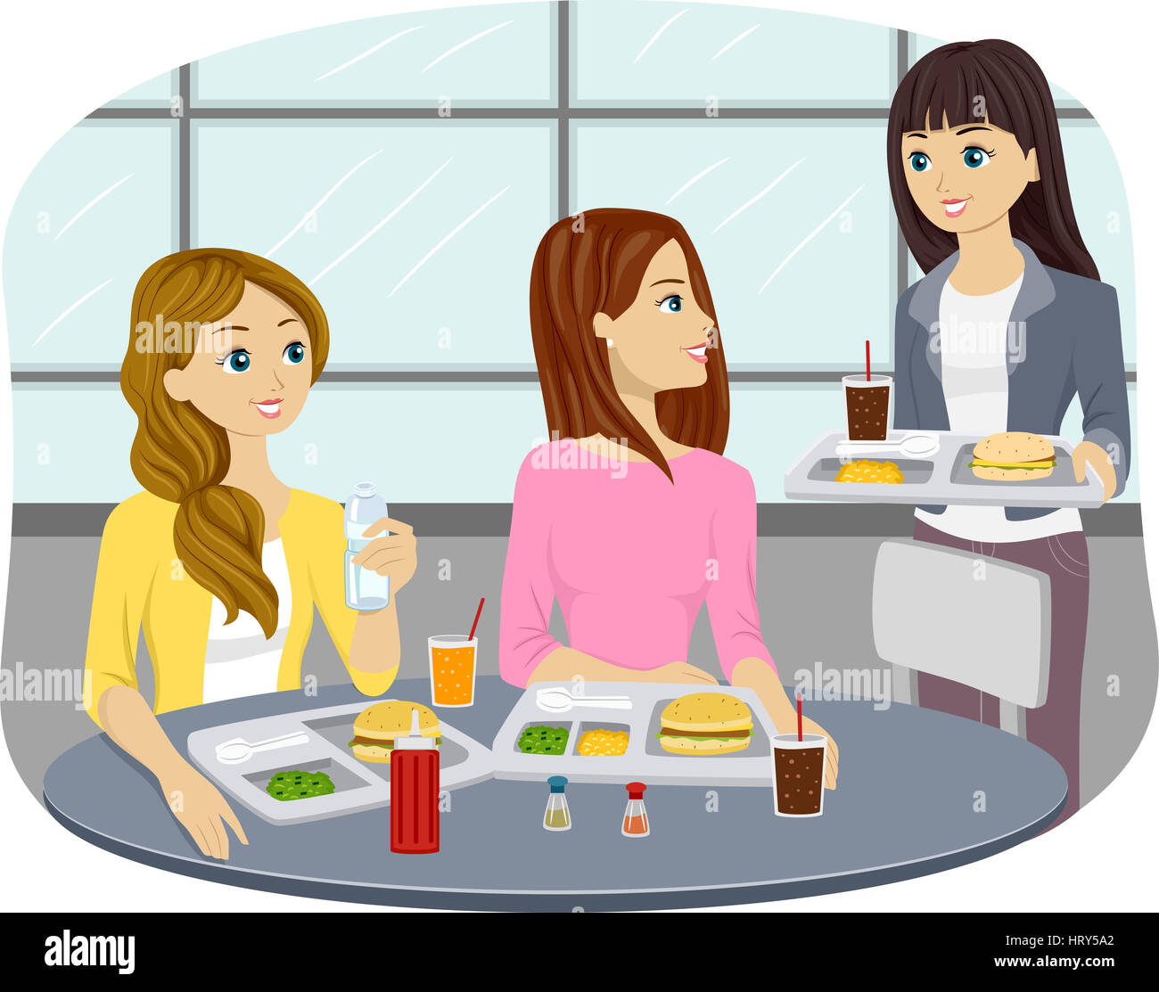 Illustration of Teenage Girls Eating at a Cafeteria Stock Photo - Alamy