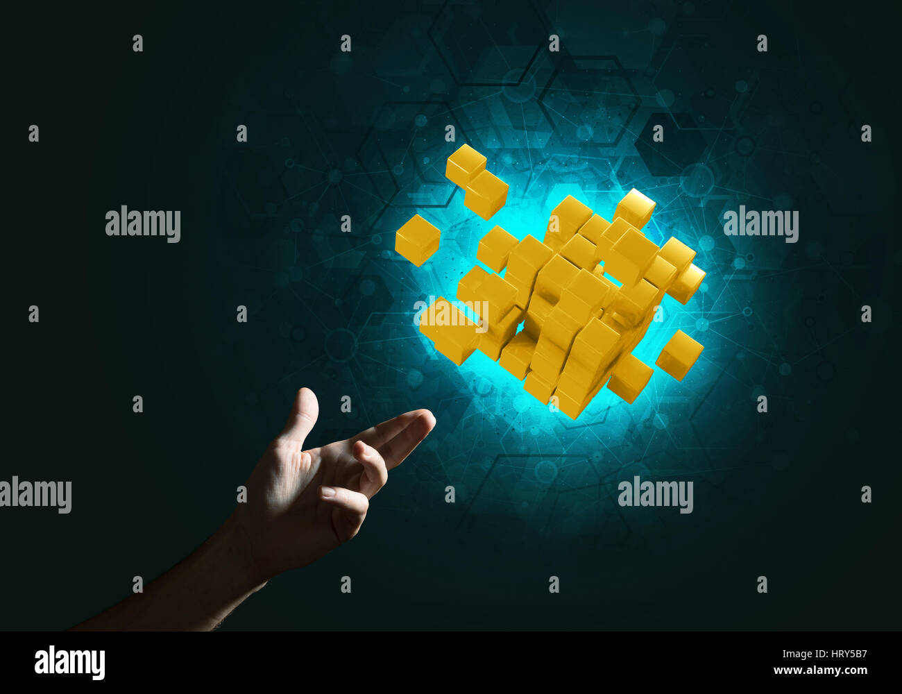 Close of man hand pointing cube figure as symbol of innovation. Mixed ...