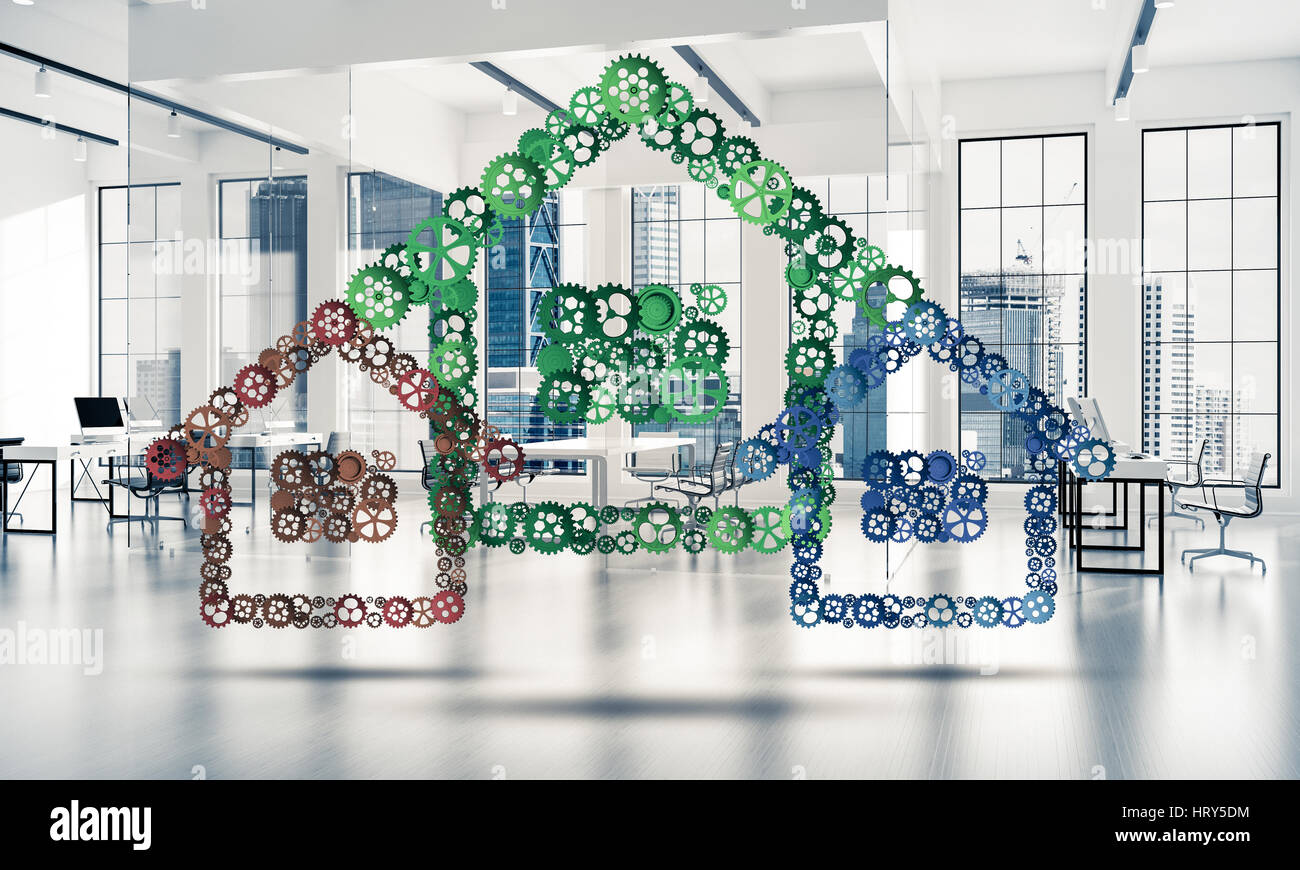 Conceptual background image with house sign made of connected gears. 3d ...