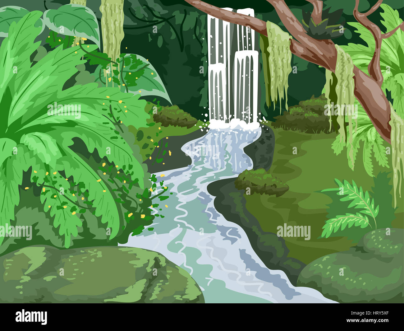 Illustration of a Tropical Forest with a Waterfall in the Middle Stock ...