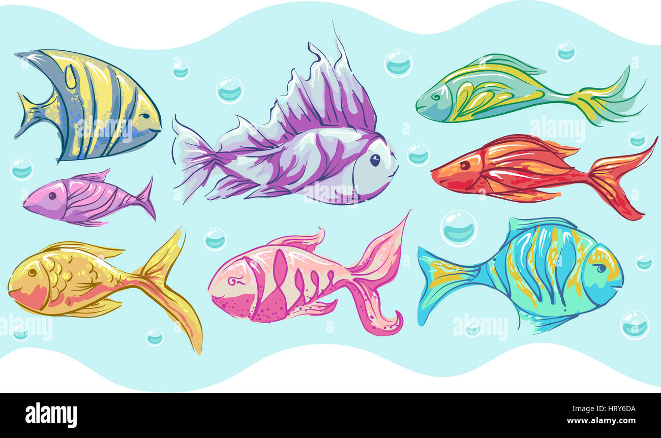 Colorful Illustration of a Wide Variety of Fishes Stock Photo - Alamy