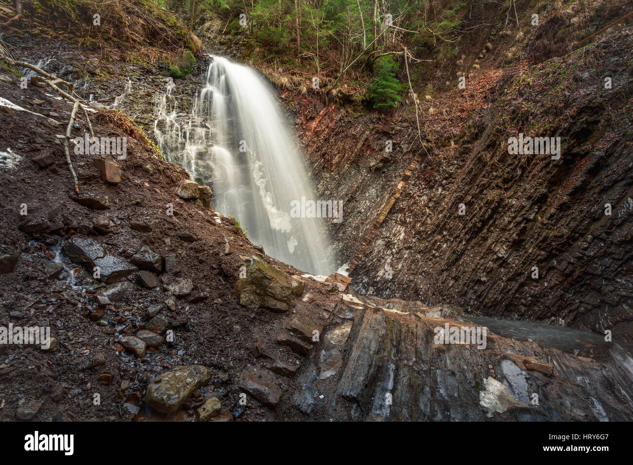 beautiful mountain waterfall in spring forest with stone rock Stock ...
