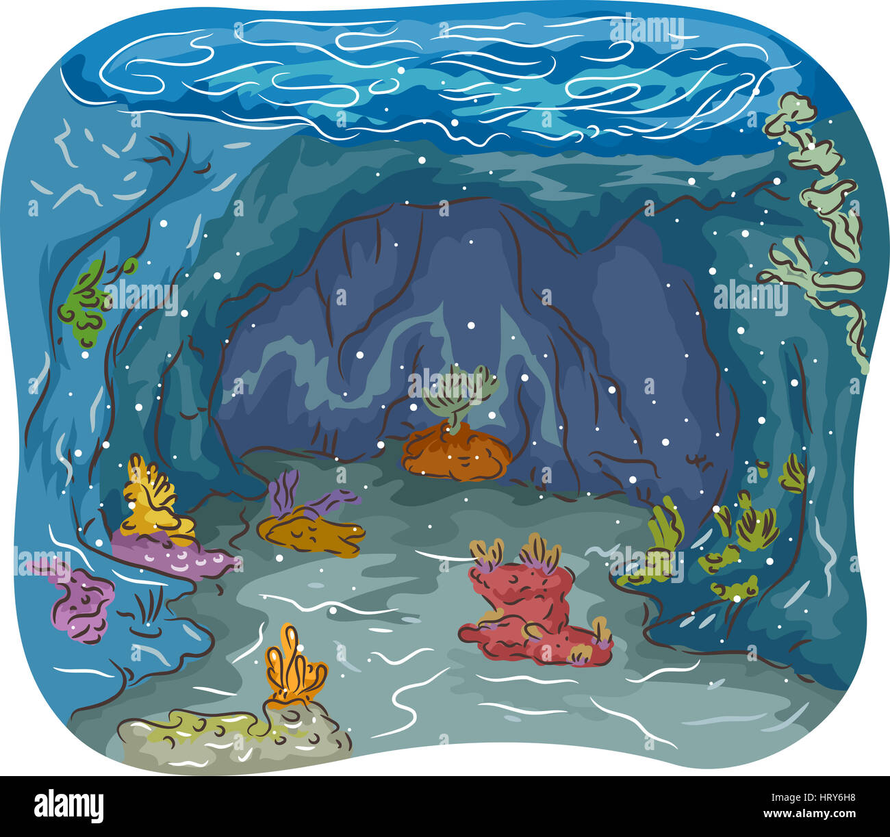 Colorful Illustration of an Underwater Cave Filled with Seaweeds and ...