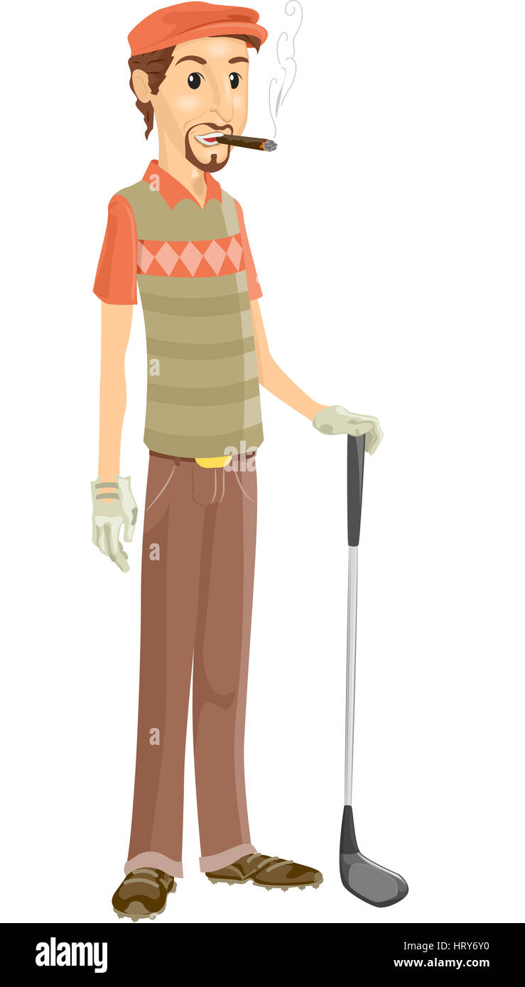 Illustration of a Man Smoking Tobacco While Playing Golf Stock Photo ...