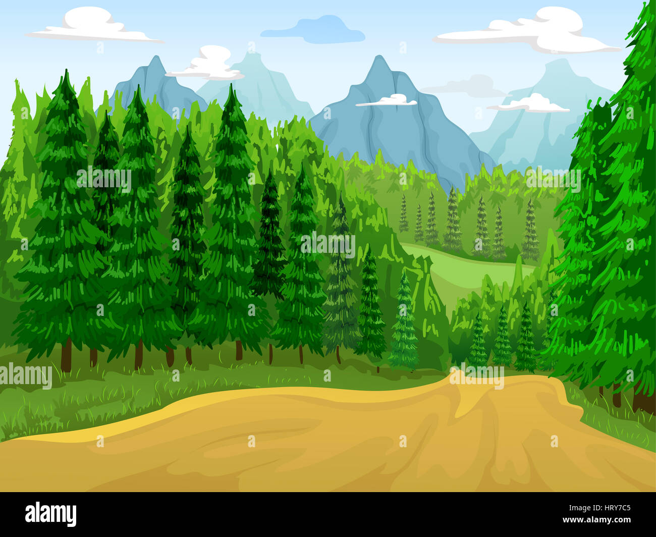 Illustration of a Coniferous Forest with Mountains in the Background ...