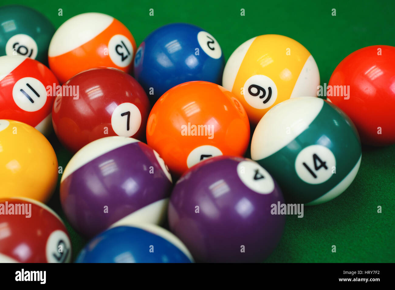 Different points of view billiard balls on a blue pool table Stock ...