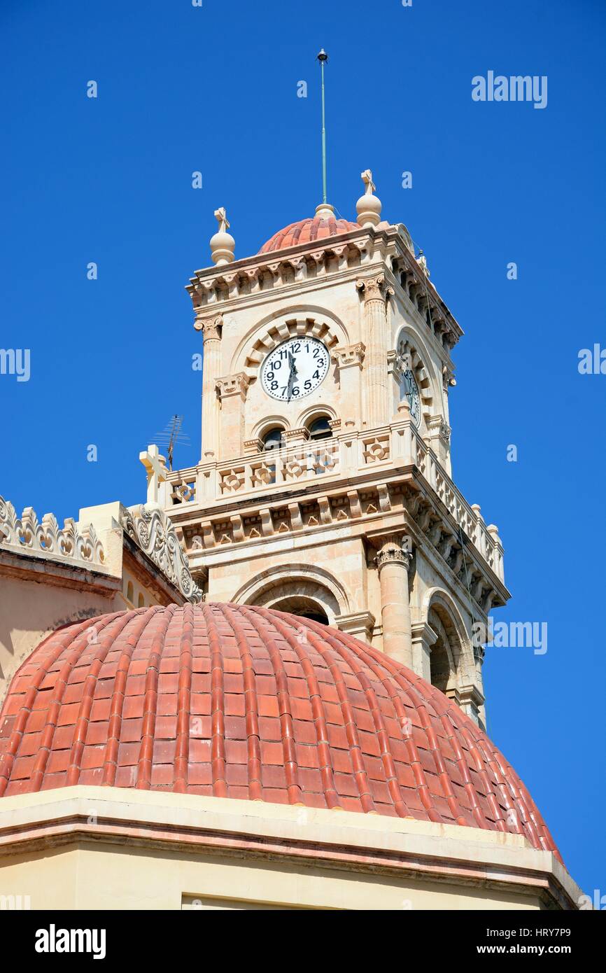 View of Saint Minas Cathedral clock tower, Heraklion, Crete, Greece ...