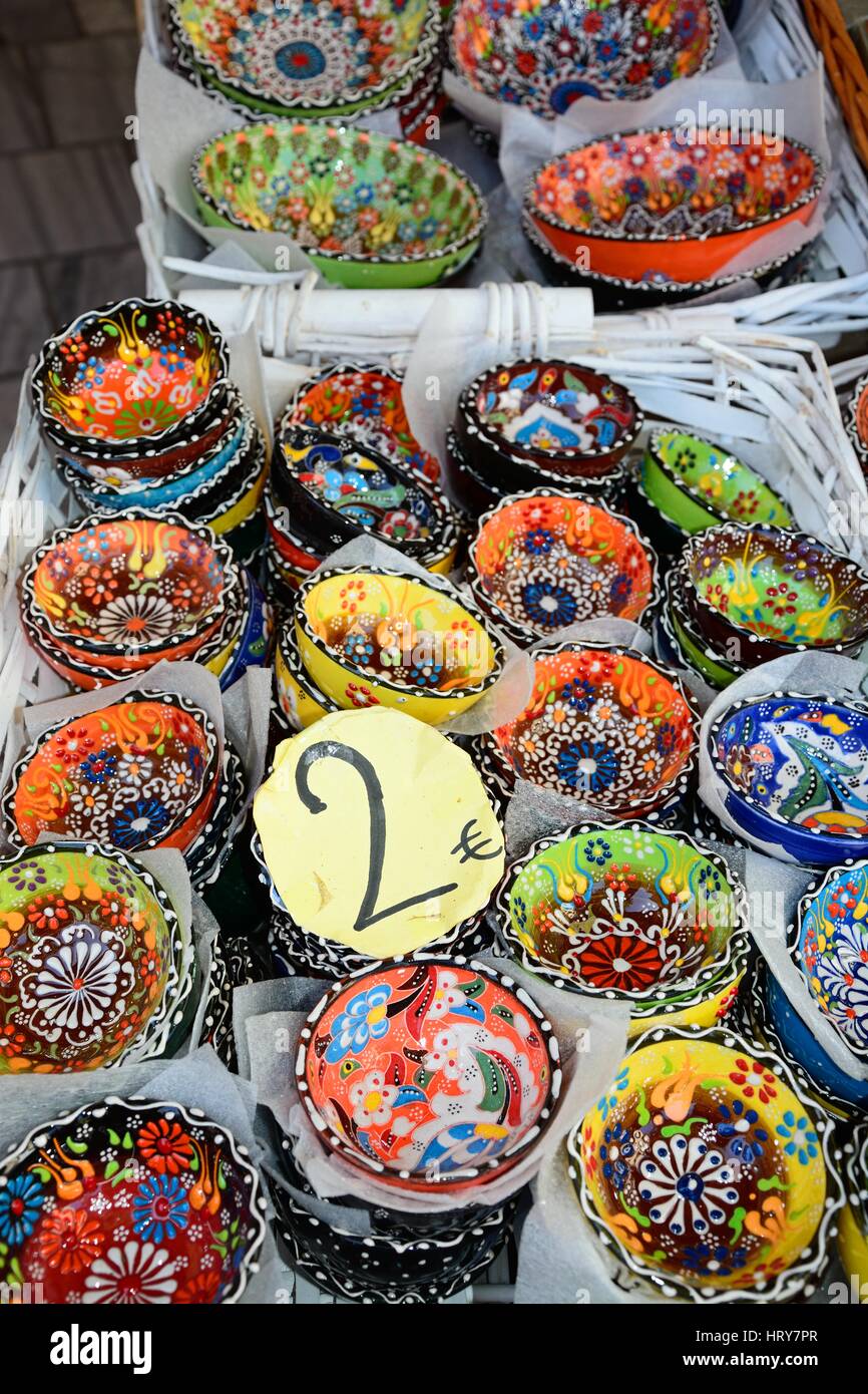 Traditional Cretan painted ceramic dishes for sale at a city centre ...