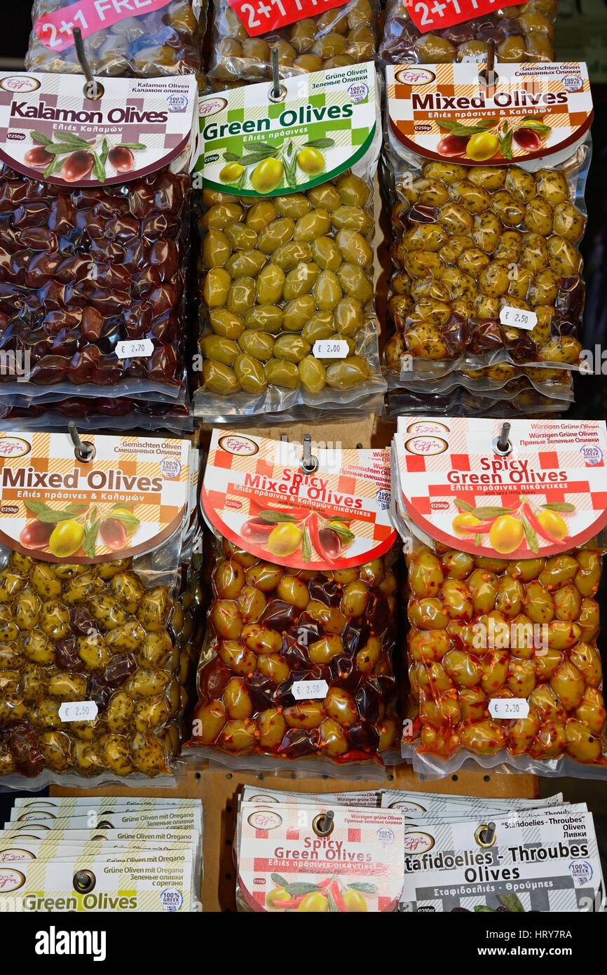 Greek olives for sale at a city centre shop along Odos 1821, Heraklion ...
