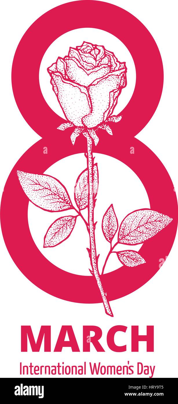 8 march. Woman's day greeting card with red rose, vector template Stock ...