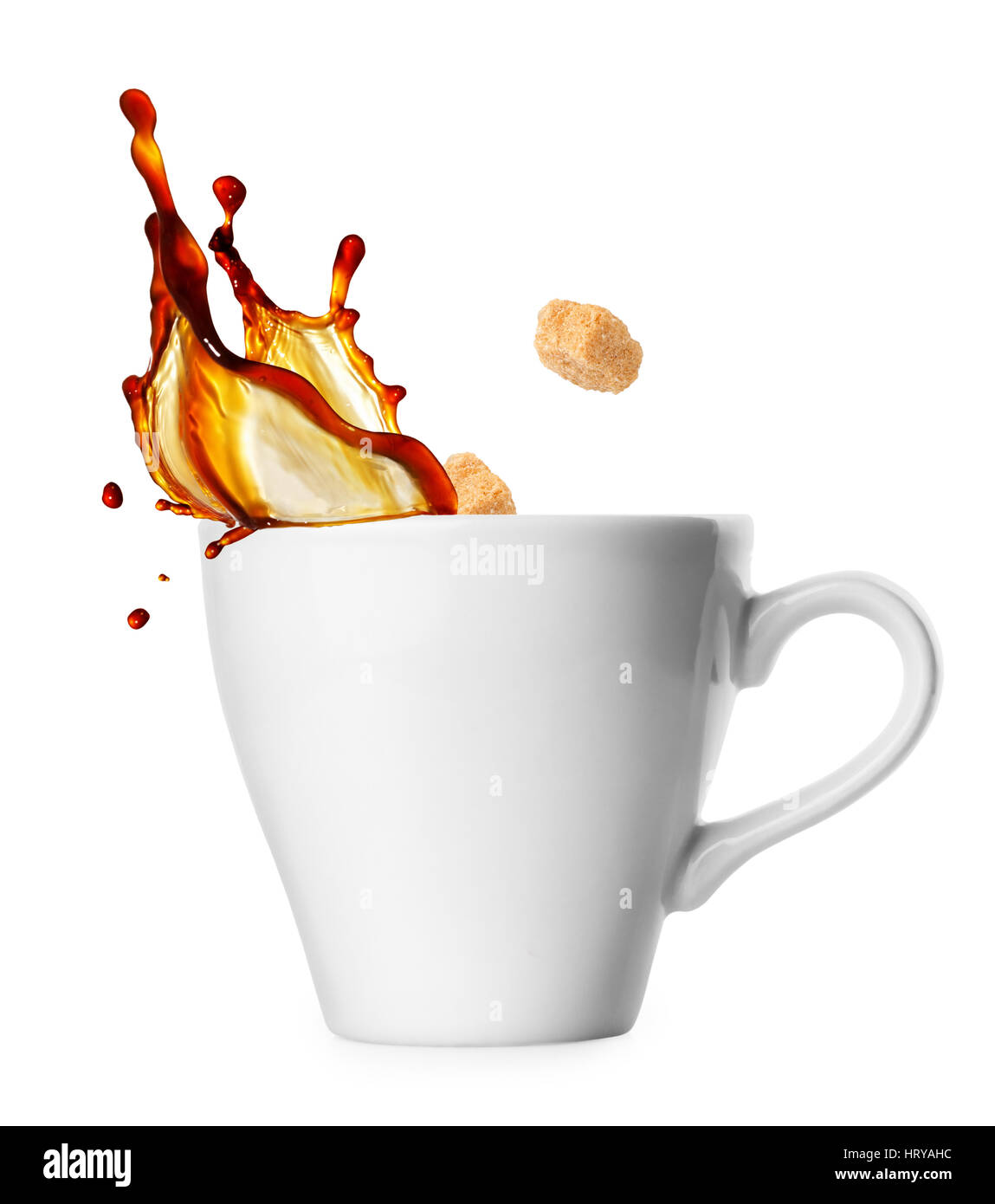 small classical white cup of coffee espresso with splash and falling ...