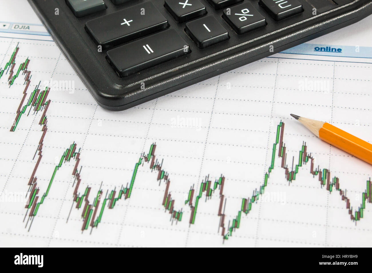 Dow Jones Business chart with calculator and pencil indicates maximum ...