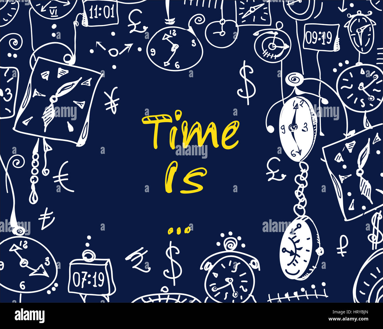 Illustration of money symbols and various clocks. On blue Stock Photo ...