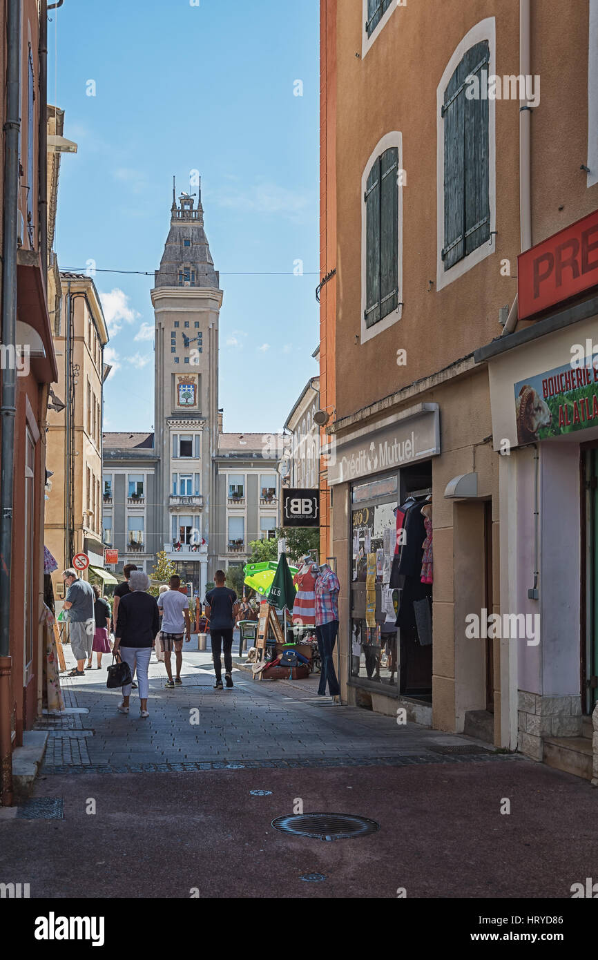 Privas, France - September 6, 2016: The narrow shopping street in the ...