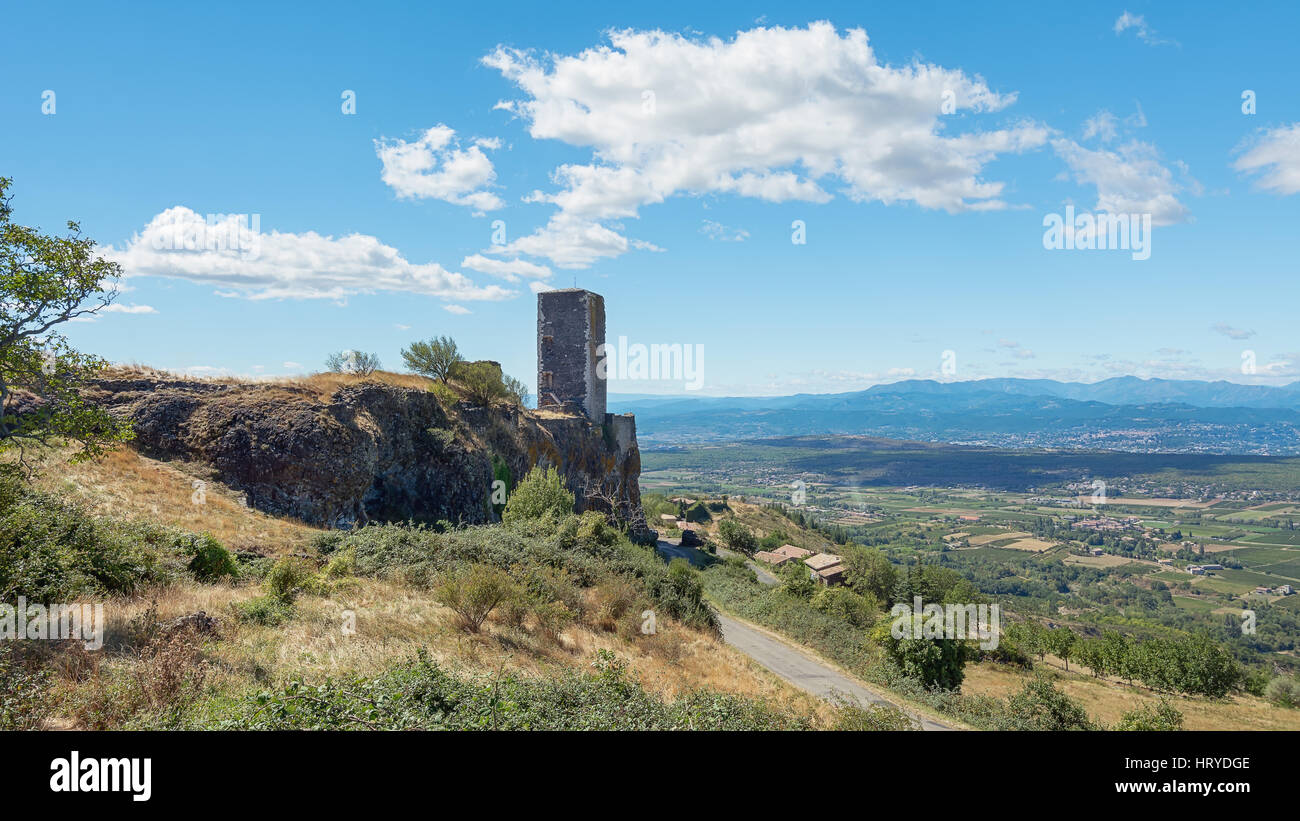 Basalt tower of castle ruin in Mirabel, Ardeche mountains, France Stock ...