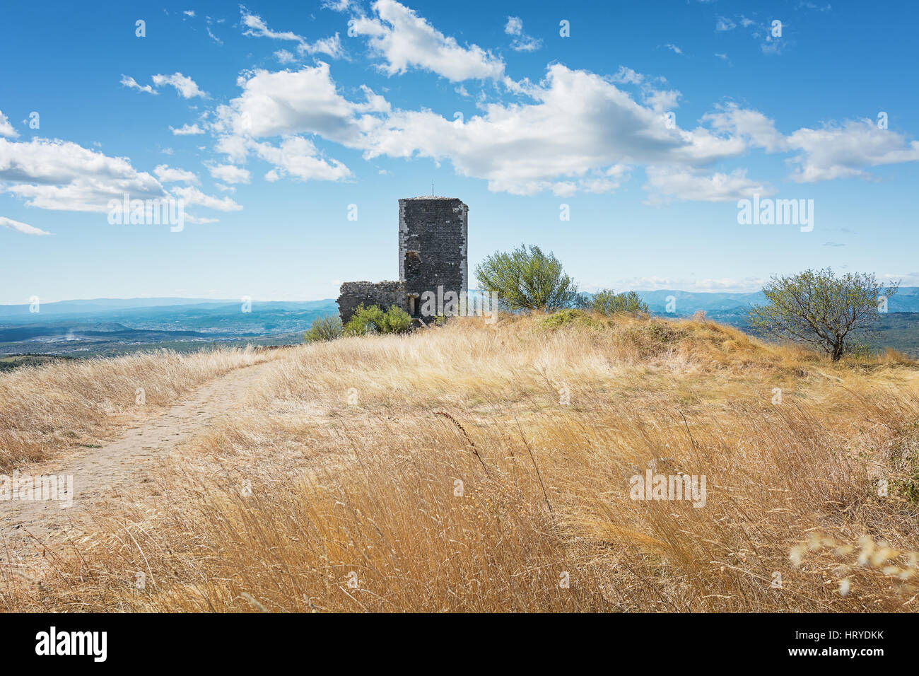 Basalt tower of castle ruin in Mirabel, Ardeche mountains, France Stock ...