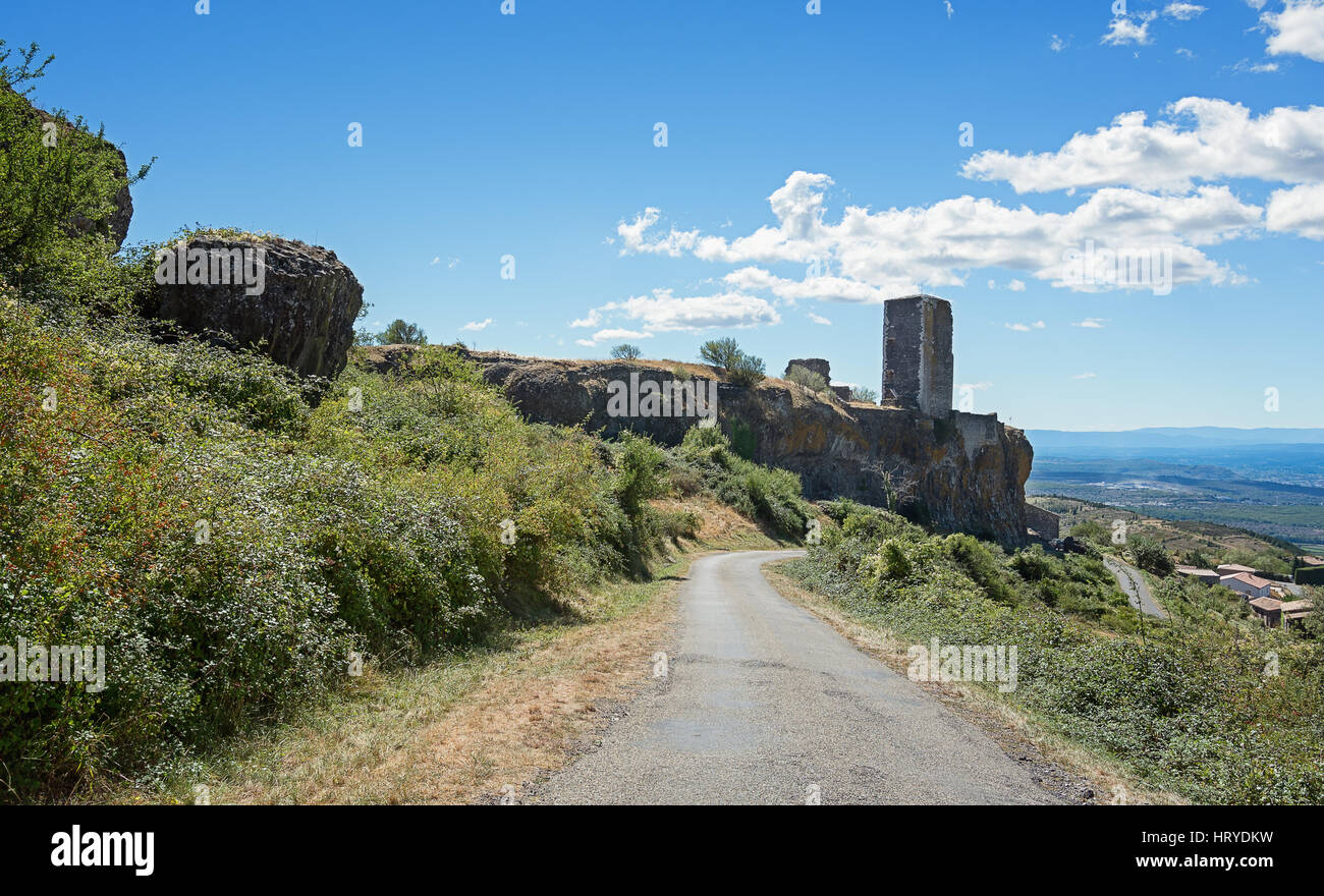 Basalt tower of castle ruin in Mirabel, Ardeche mountains, France Stock ...