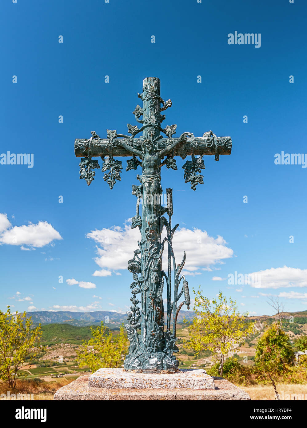 Mirabel, France - september 6, 2016: Crucifixion of Christ in front of ...