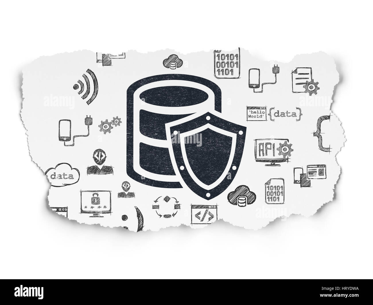 Database concept: Database With Shield on Torn Paper background Stock Photo - Alamy