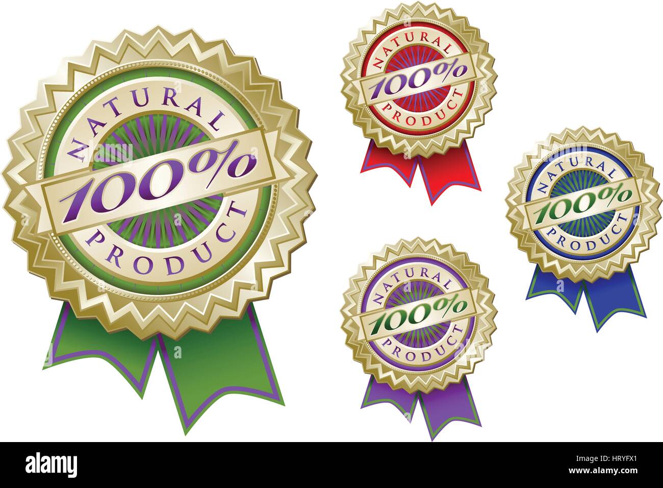 Set of Four Colorful 100% Natural Product Emblem Seals With Ribbons ...