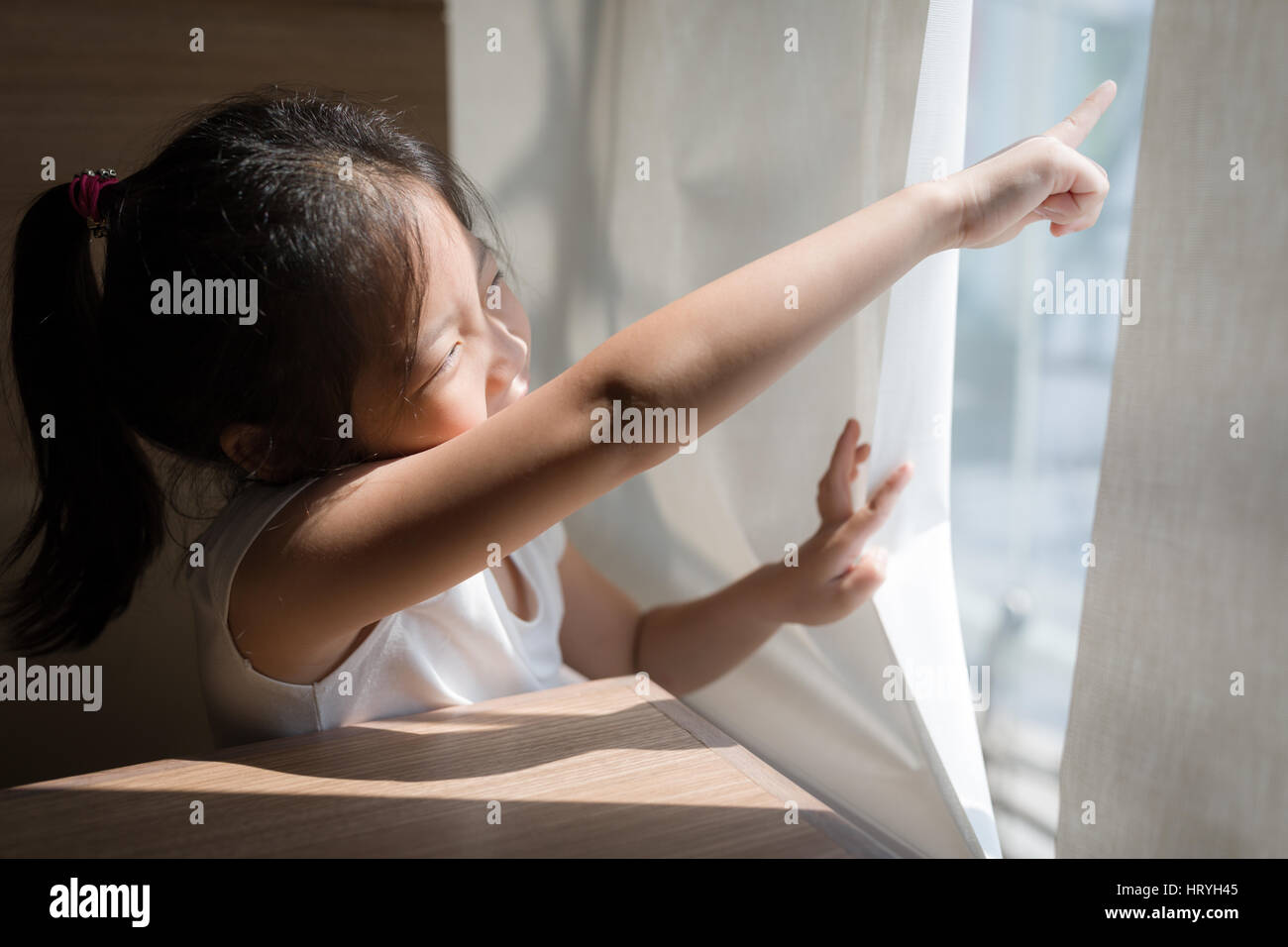 Concept of exploring illustrated by Asian child pointing out and ...