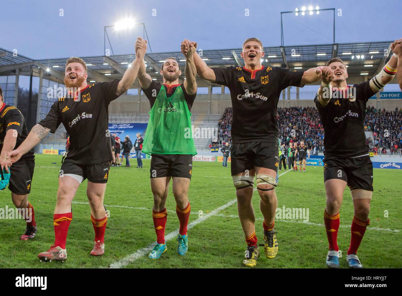 Germany's team celebrates after the 3rd Rugby Europe Championship match ...