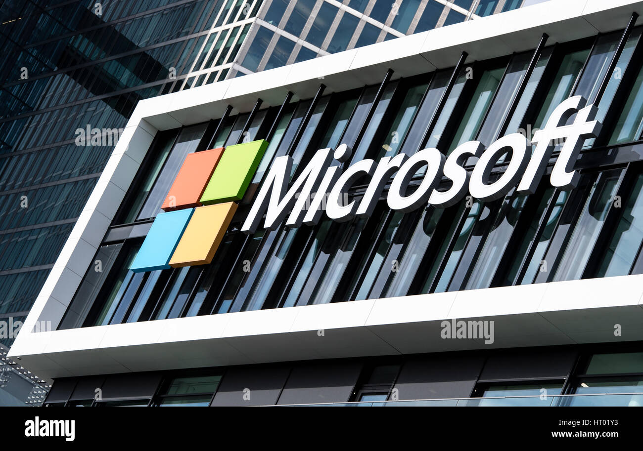 Munich, Germany. 6th Mar, 2017. The Microsoft logo on the facade of the ...