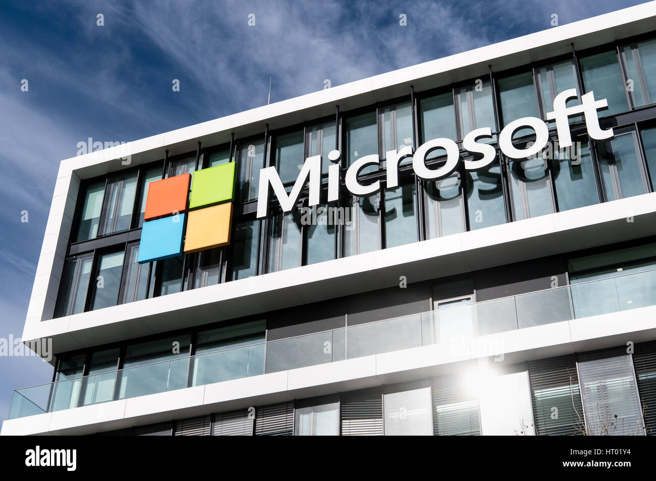 Munich, Germany. 6th Mar, 2017. The Microsoft logo on the facade of the ...