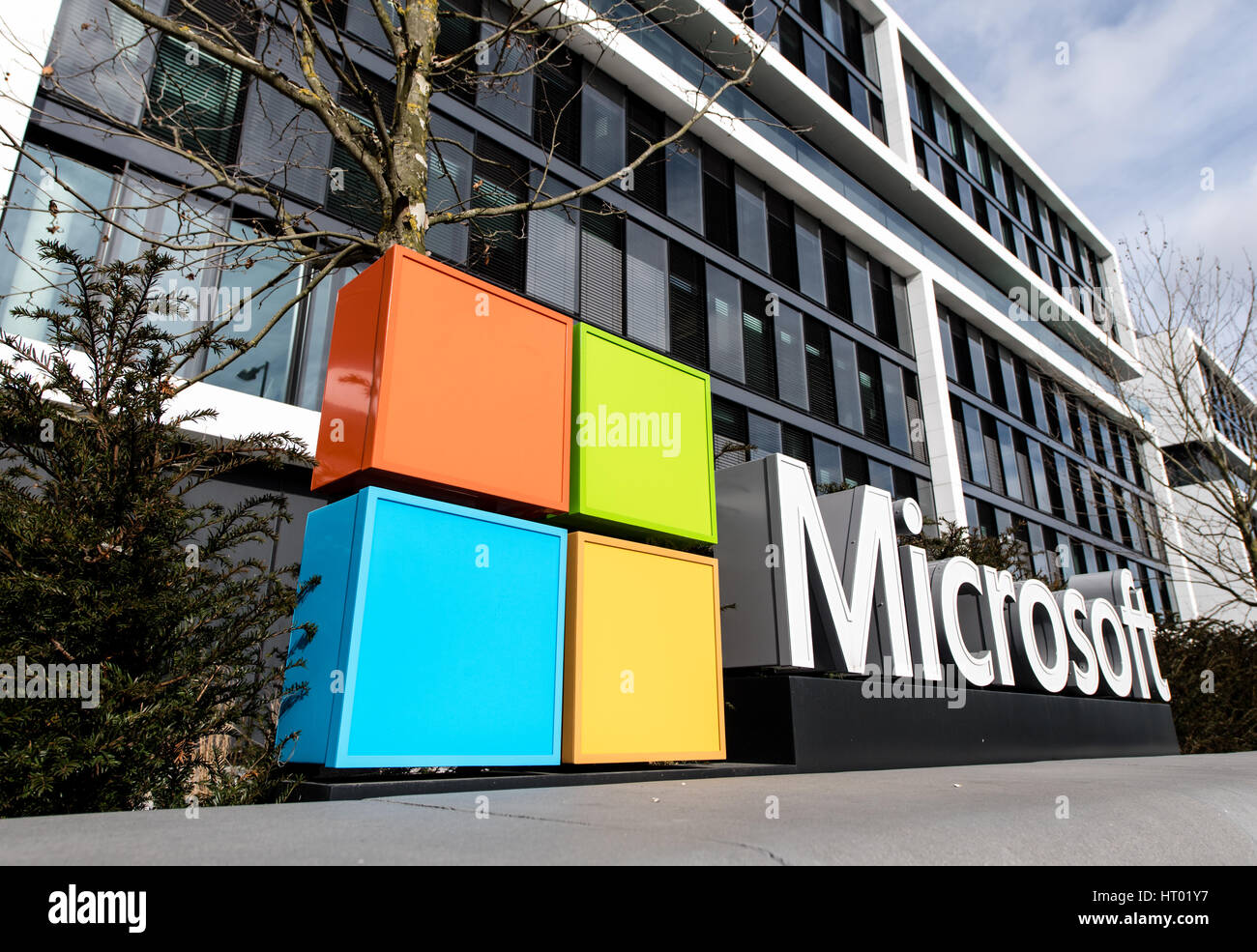 Munich, Germany. 6th Mar, 2017. The Microsoft logo on the facade of the ...