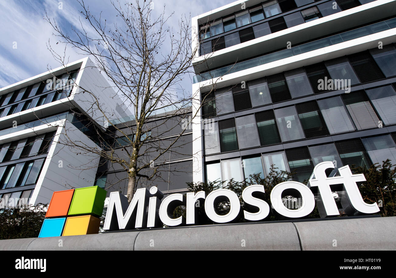 Munich, Germany. 6th Mar, 2017. The Microsoft logo on the facade of the ...