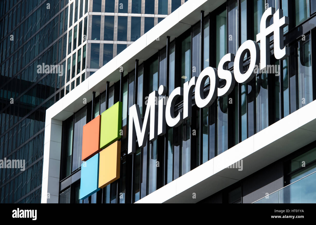 Munich, Germany. 6th Mar, 2017. The Microsoft logo on the facade of the ...
