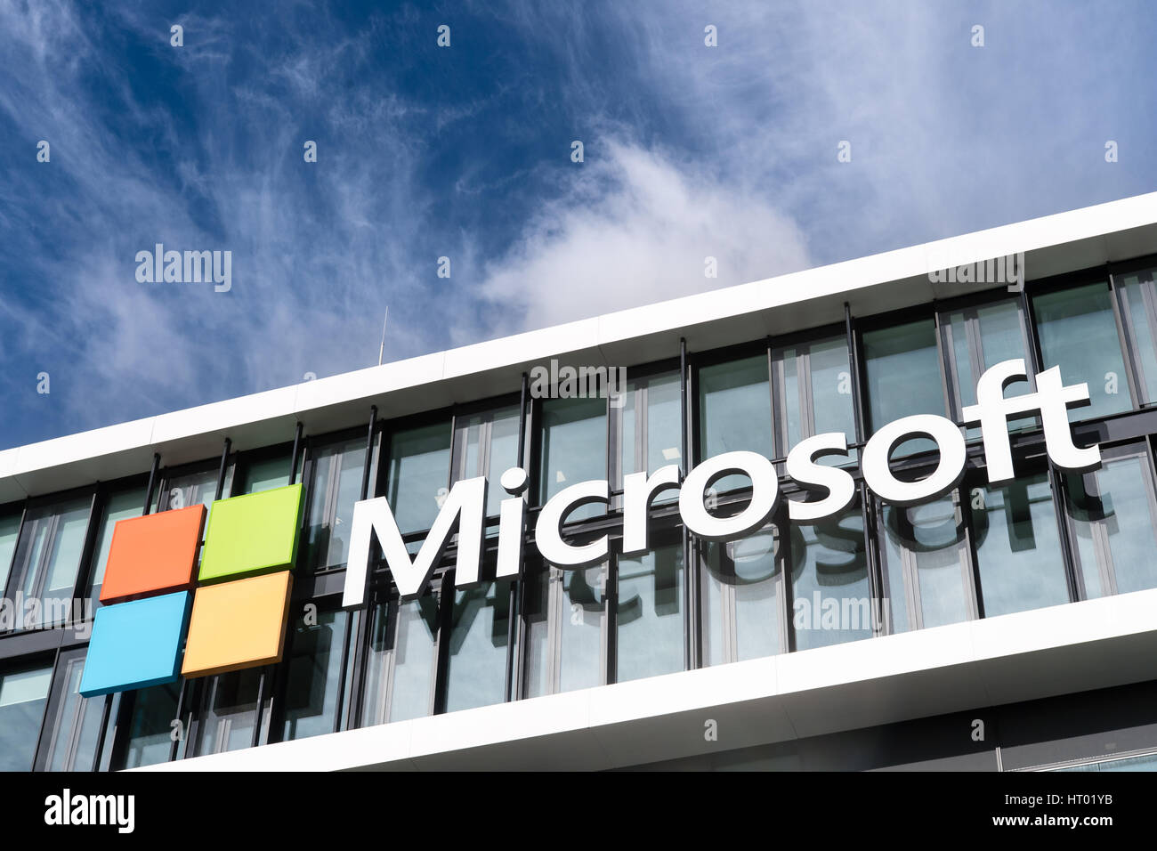 Munich, Germany. 6th Mar, 2017. The Microsoft logo on the facade of the ...