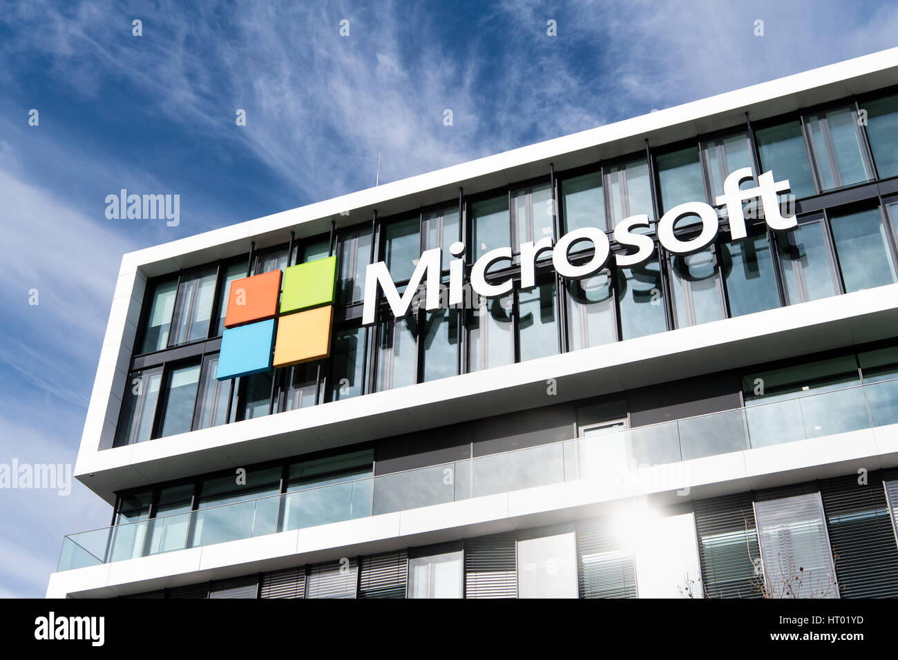 Munich, Germany. 6th Mar, 2017. The Microsoft logo on the facade of the ...