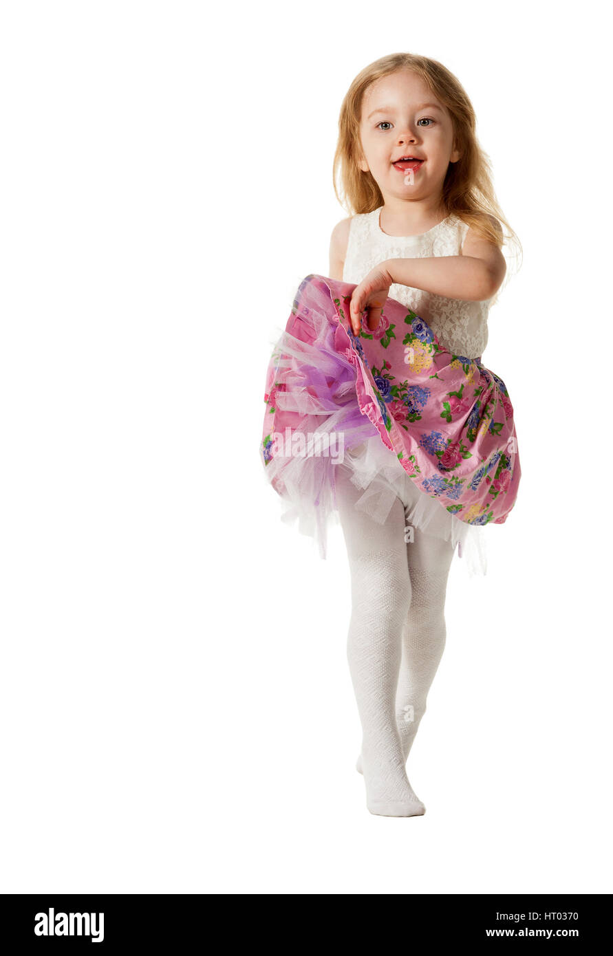 Little cute girl jumping, running, dancing, having fun. Isolated on ...
